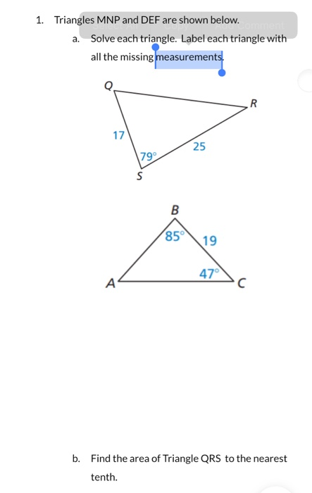 Solved 1. Triangles MNP and DEF are shown below. a. Solve | Chegg.com