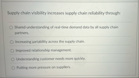 Solved Supply chain visibility increases supply chain | Chegg.com