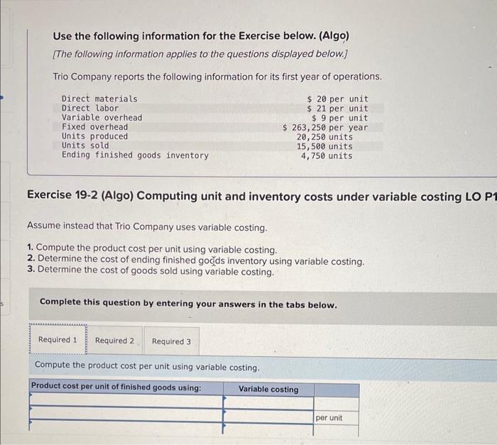 Solved Use the following information for the Exercise below. | Chegg.com