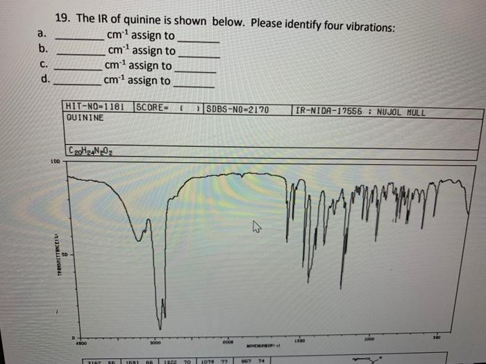 Solved a. b 19. The IR of quinine is shown below. Please | Chegg.com
