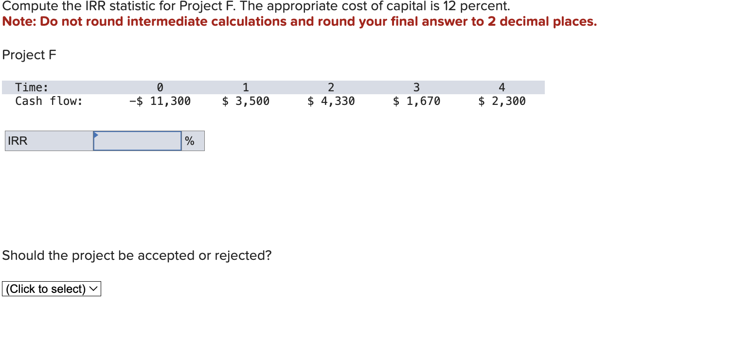 Solved Compute the IRR statistic for Project F. ﻿The | Chegg.com