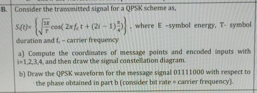 Solved B. ﻿Consider the transmitted signal for a QPSK scheme | Chegg.com