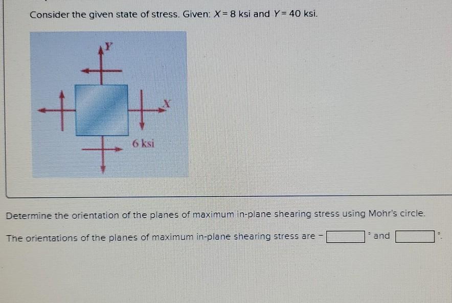 Solved Consider the given state of stress. Given: X = 8 ksi | Chegg.com