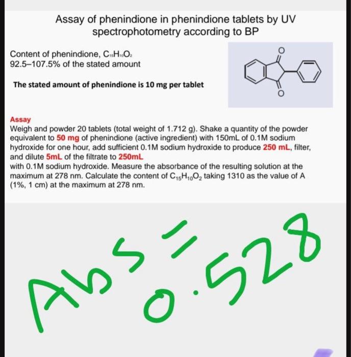 Assay of phenindione in phenindione tablets by UV | Chegg.com