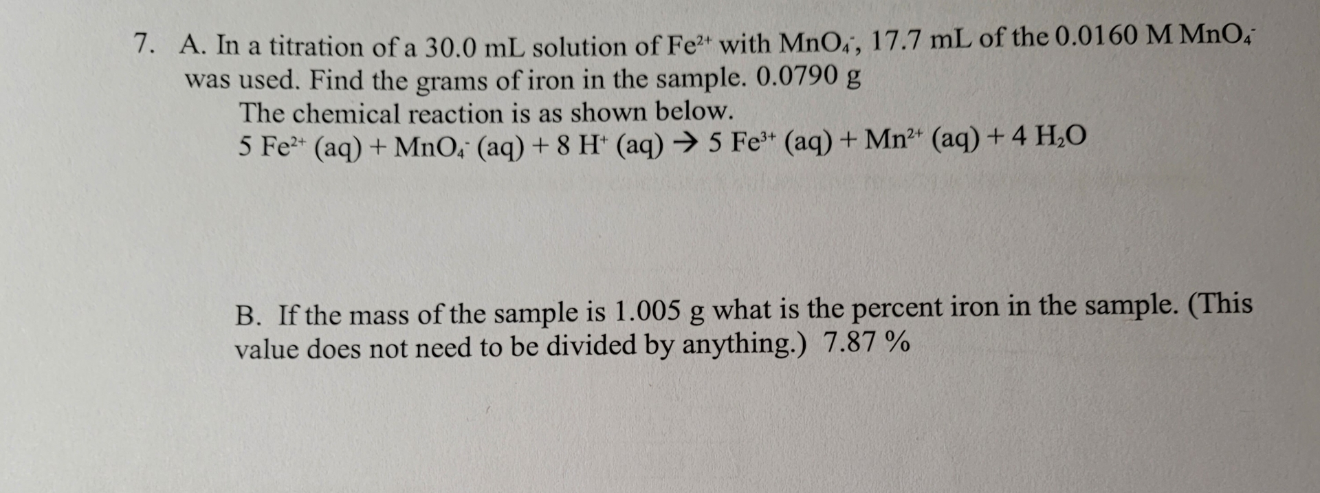 Solved A. ﻿In a titration of a 30.0mL ﻿solution of Fe2+ | Chegg.com