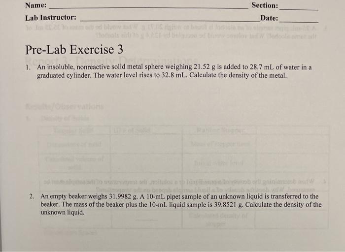 Solved Experiment 3 Density Determinations Objective Density | Chegg.com