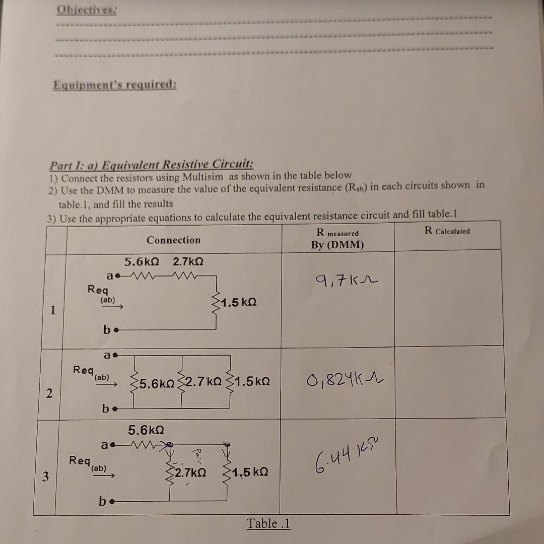 Solved Part I: a) Equivalent Resistive Circuit: 1) Connect | Chegg.com