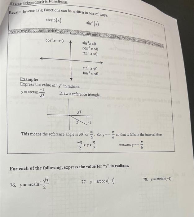 Solved Recall: Inverse Trig Functions can be written in one | Chegg.com