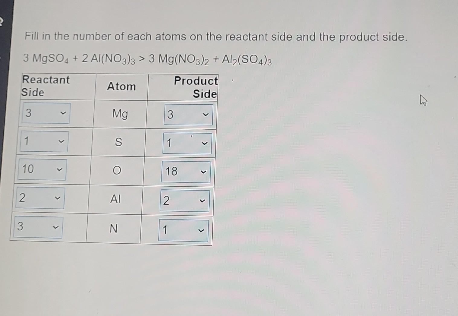 Solved Fill in the number of each atoms on the reactant side | Chegg.com