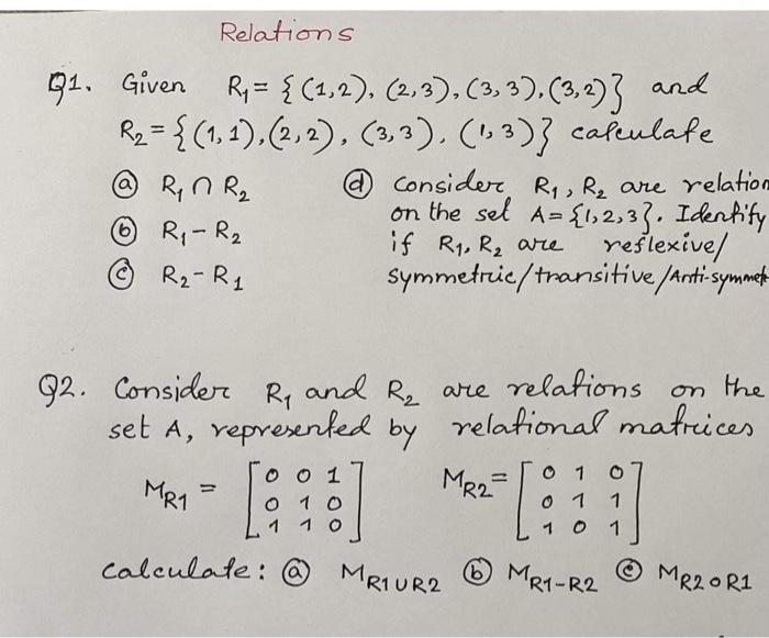 Solved Q1. Given R1={(1,2),(2,3),(3,3),(3,2)} and | Chegg.com