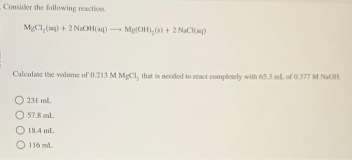 [Solved]: Consider the following reaction. [ mathrm{MgCl}