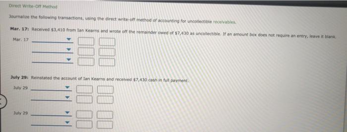 Solved Direct Write-Off Method Journalize the following | Chegg.com