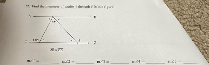Solved 12. Find the measures of angles 1 through 5 in this | Chegg.com