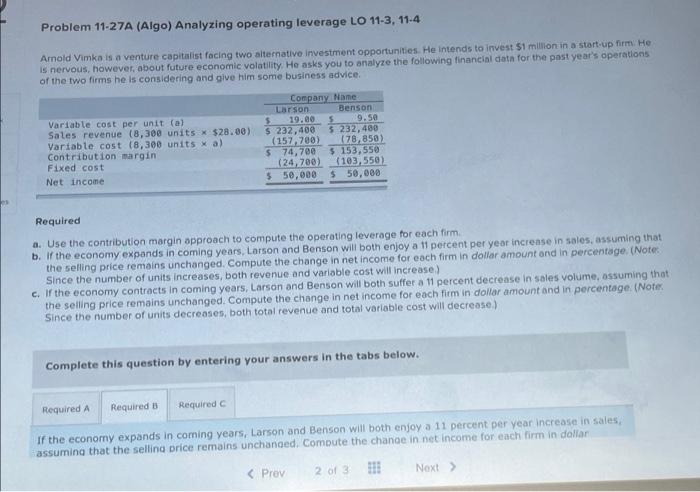 Solved Problem 11-27A (Algo) Analyzing operating leverage LO | Chegg.com