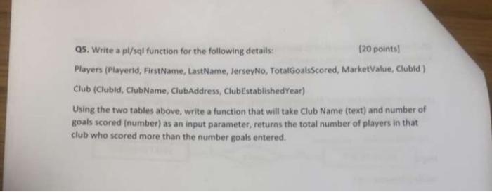 Solved Q5. Write a pl/sql function for the following | Chegg.com