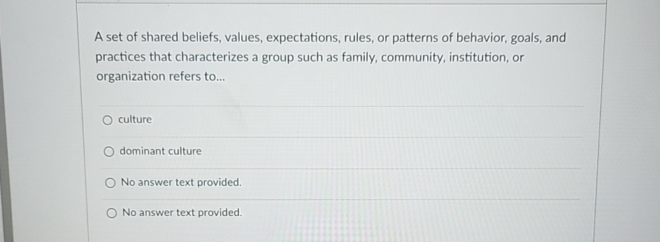 Solved A set of shared beliefs, values, expectations, rules, | Chegg.com