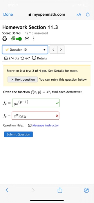 Solved Done myopenmath.com AA e Homework Section 11.3 Score: | Chegg.com