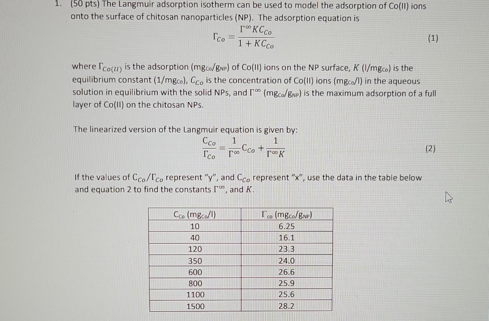 (50 pts) The Langmuir adsorption isotherm can be used | Chegg.com