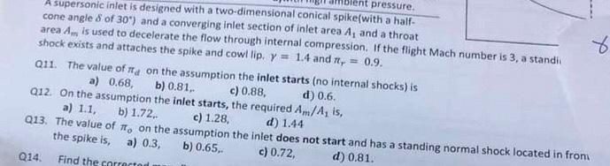 Solved pressure A supersonic inlet is designed with a | Chegg.com