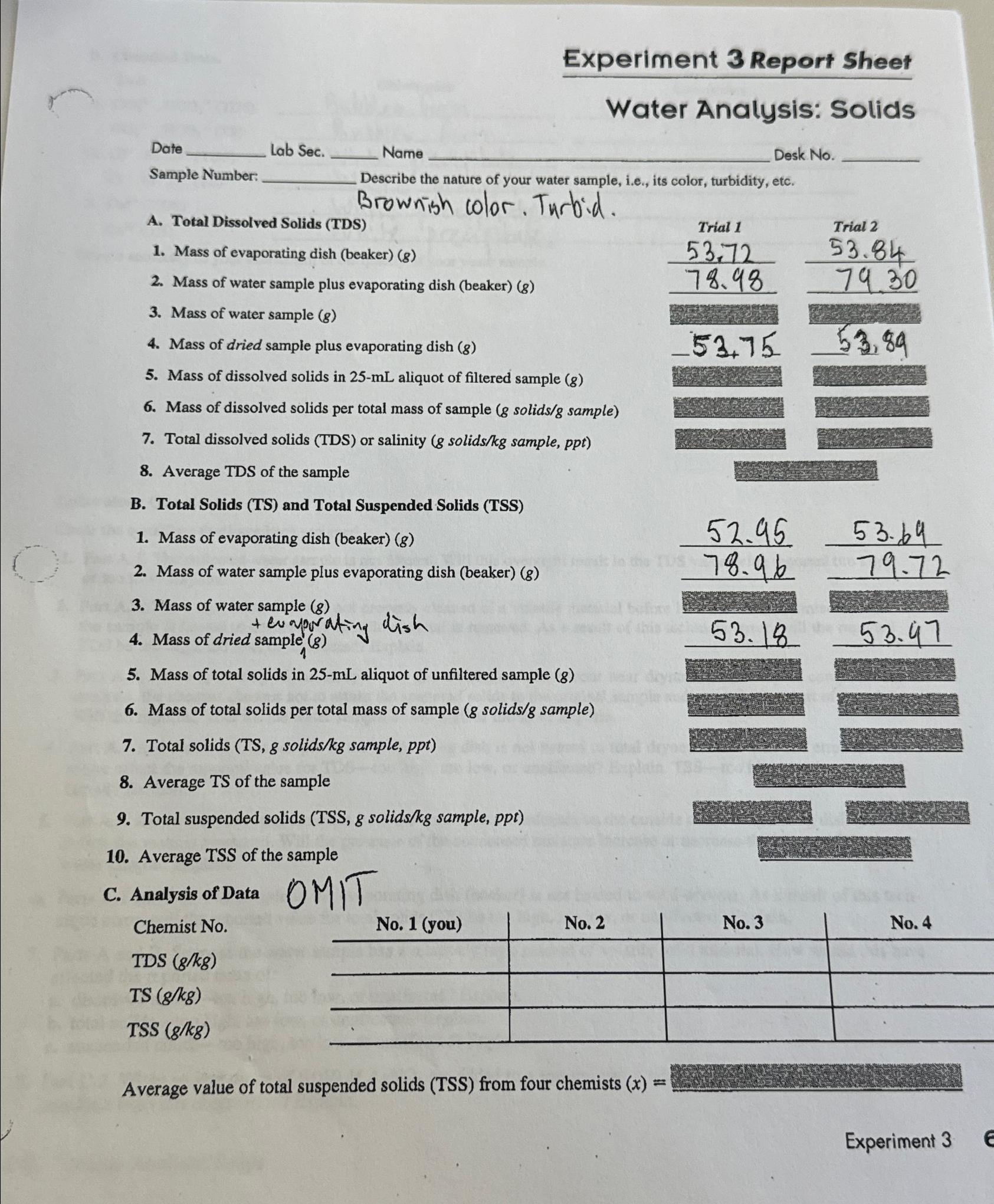 Solved Experiment 3 ﻿Report SheetWater Analysis: SolidsDate | Chegg.com