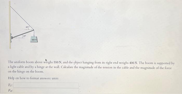Solved The uniform boom above weighs 550 N, and the object | Chegg.com