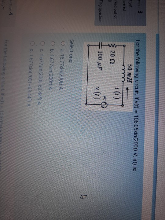 Solved estion 3 For the following circuit, if v(t) = | Chegg.com