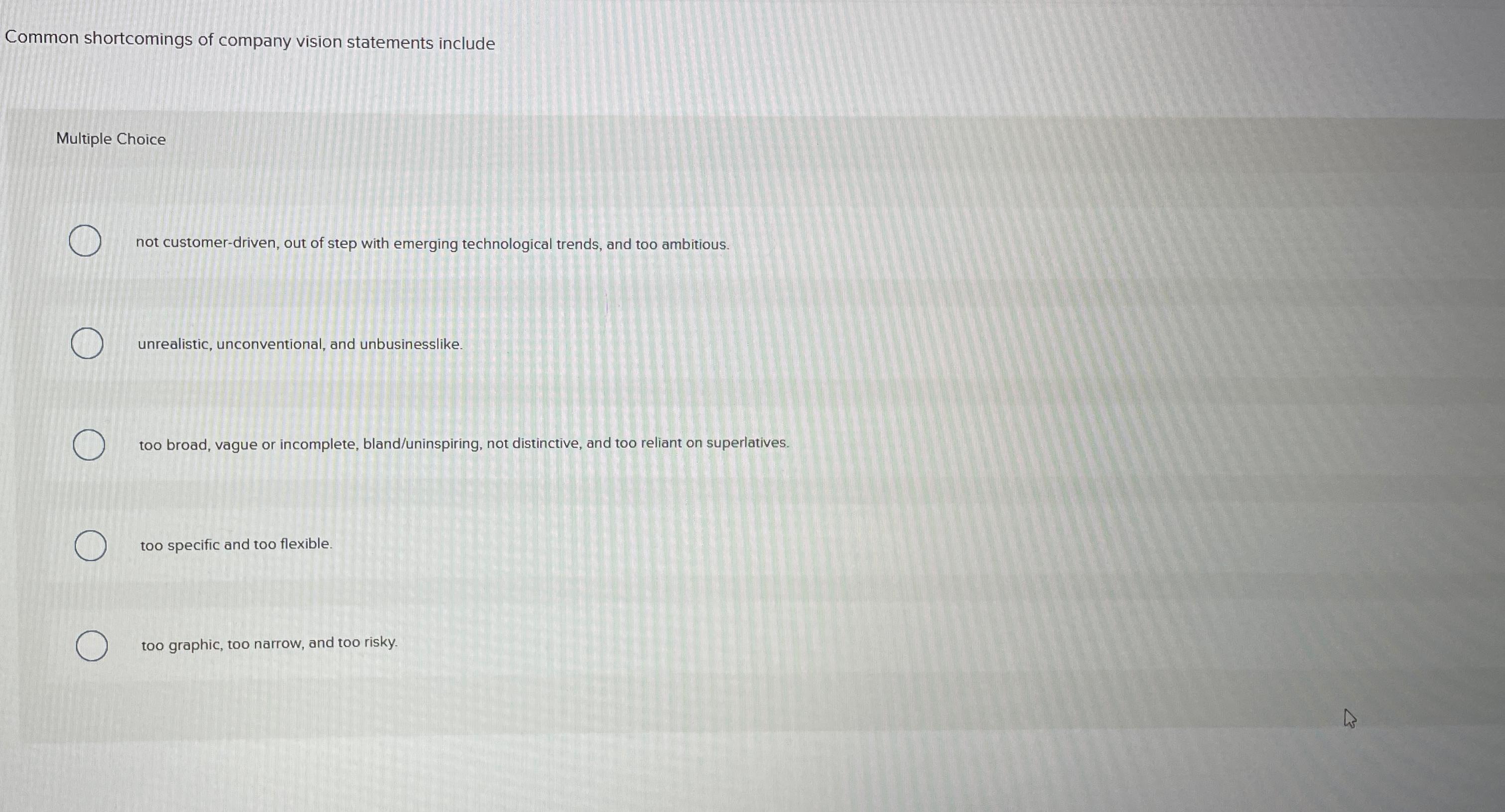 Solved Common shortcomings of company vision statements | Chegg.com
