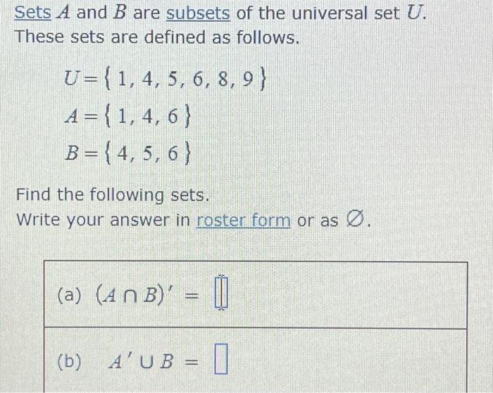 Solved Sets A and B are subsets of the universal set U These | Chegg.com