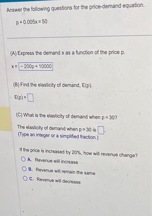 Solved Answer the following questions for the price-demand | Chegg.com