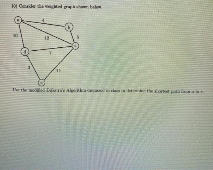 Solved 10) Consider the weighted graph shown below. 20 12 5 | Chegg.com
