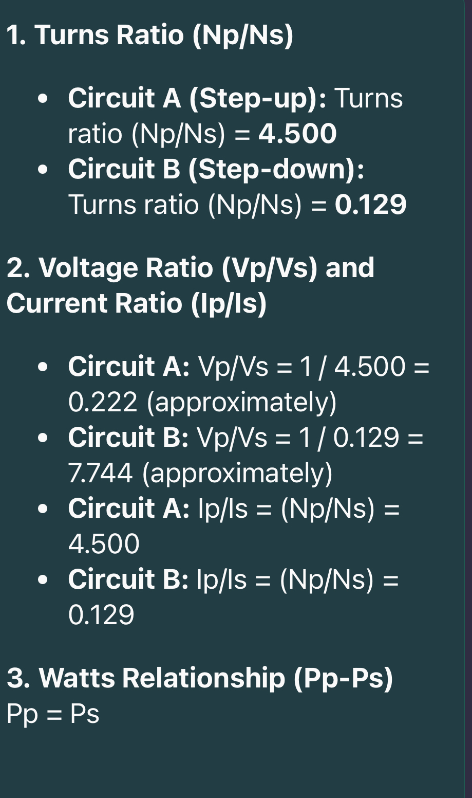 Solved Turns Ratio (Np/Ns)Circuit A : Turns ratio | Chegg.com