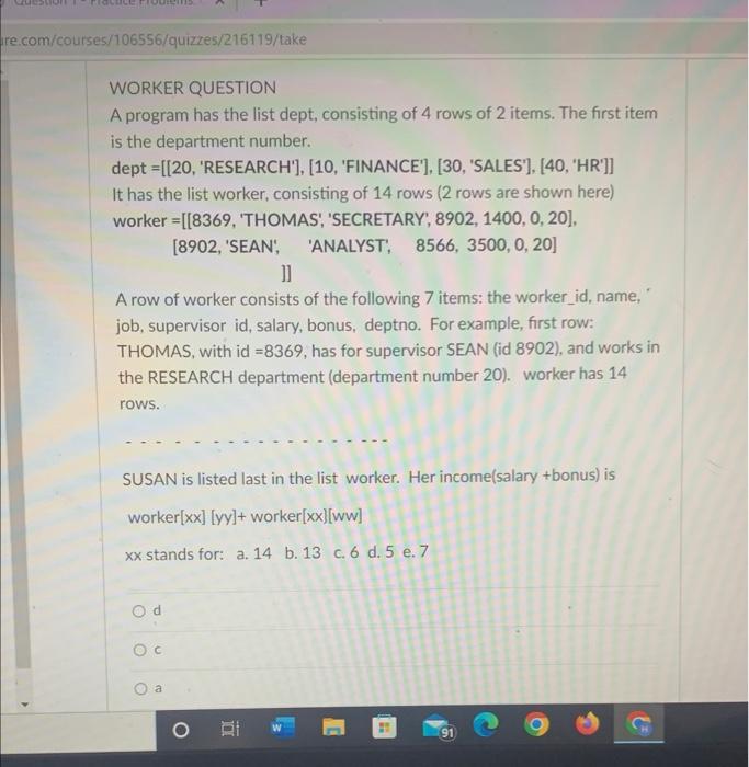 Solved WORKER QUESTION A program has the list dept, | Chegg.com