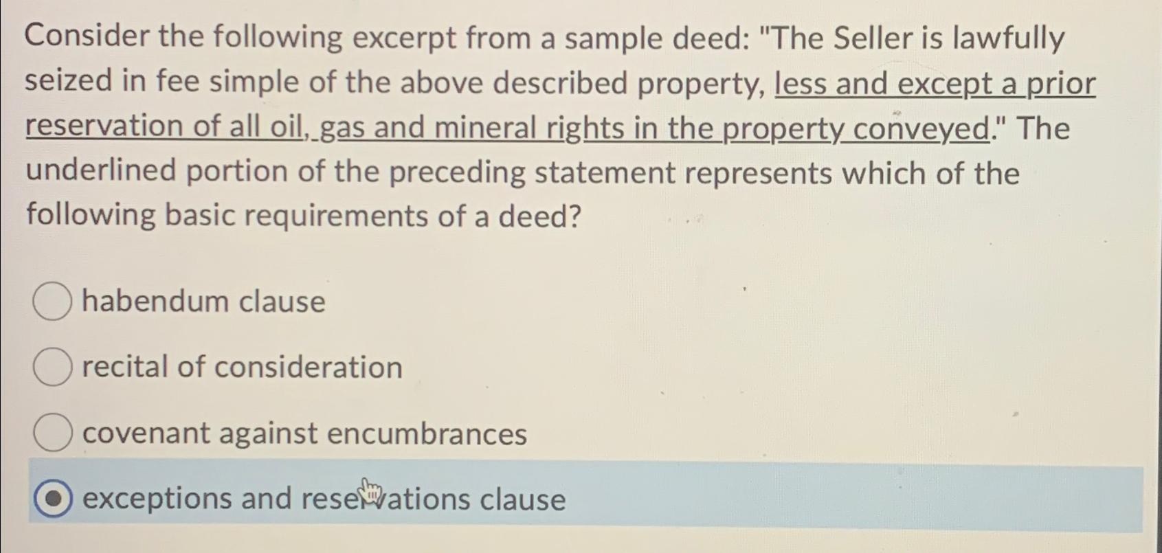 Solved Consider the following excerpt from a sample deed: | Chegg.com