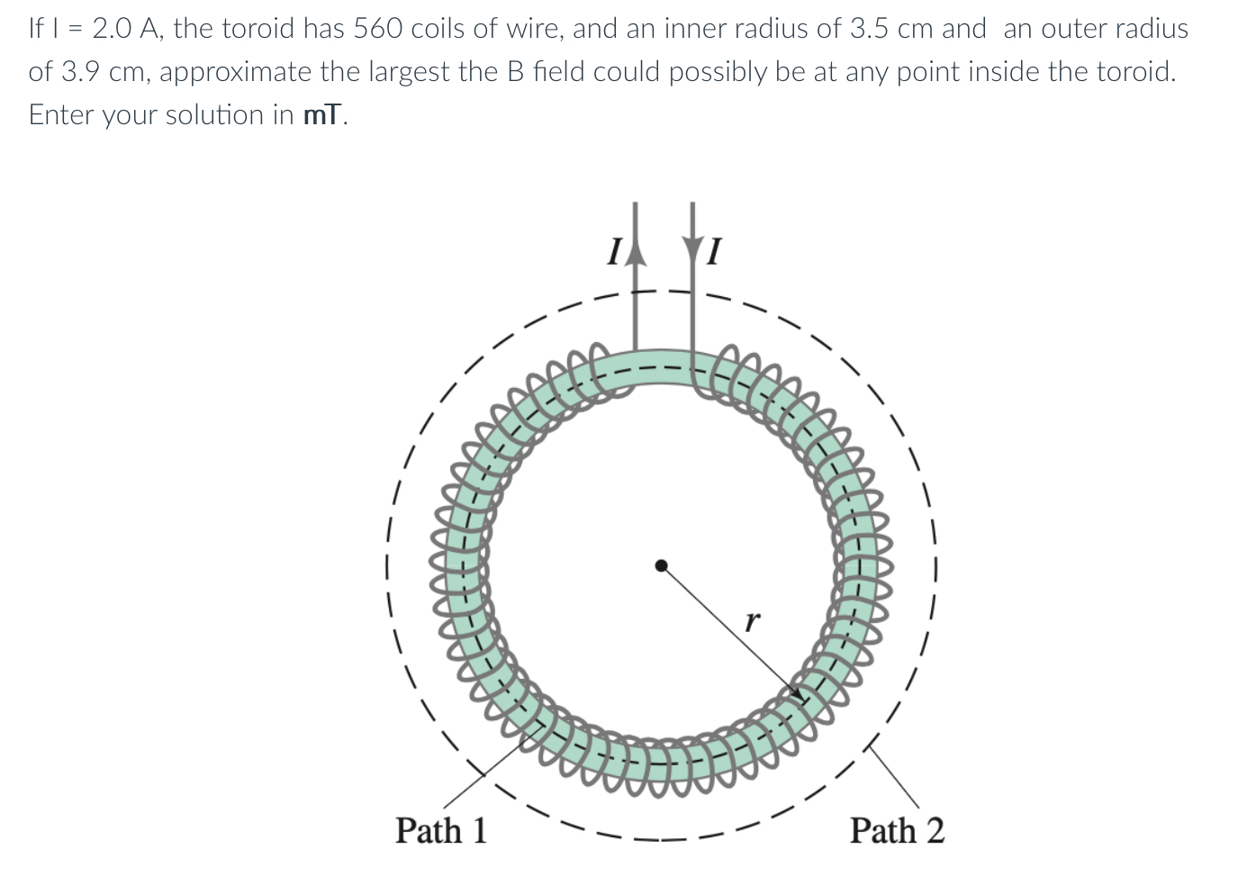 Solved If I = 2.0A, ﻿the toroid has 560 ﻿coils of wire, and | Chegg.com