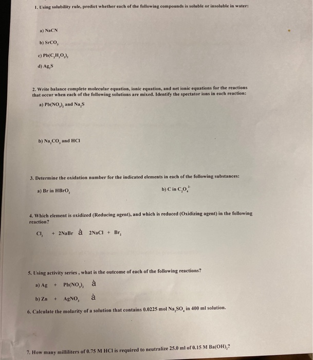 Solved 1. Using solubility rule, predict whether each of the | Chegg.com