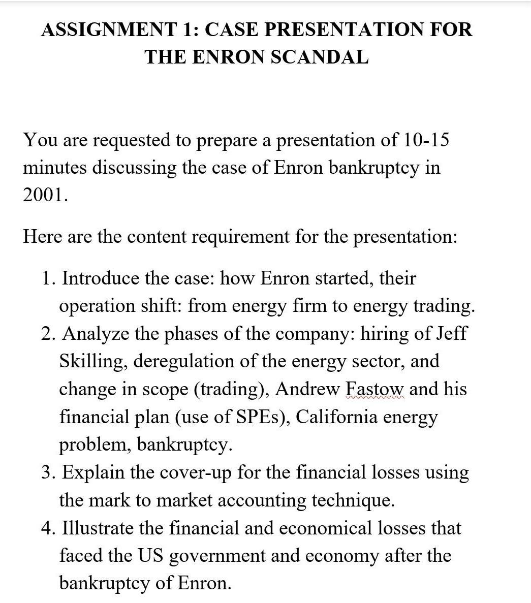 Solved ASSIGNMENT 1: CASE PRESENTATION FOR THE ENRON SCANDAL | Chegg.com