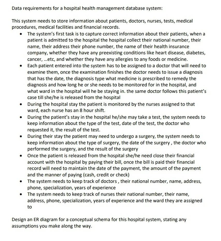 Solved Data requirements for a hospital health management | Chegg.com