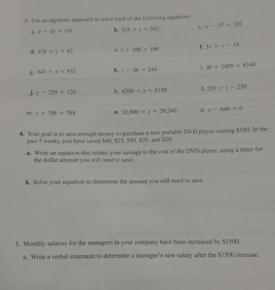 Solved 3. Use an algebraic approach to solve each of the | Chegg.com