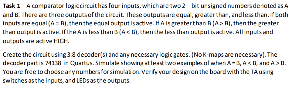 Solved Task 1-A comparator logic circuit has four inputs, | Chegg.com