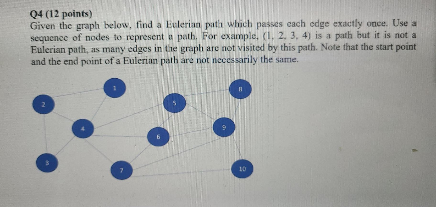 Solved Q4 (12 points) Given the graph below, find a Eulerian | Chegg.com