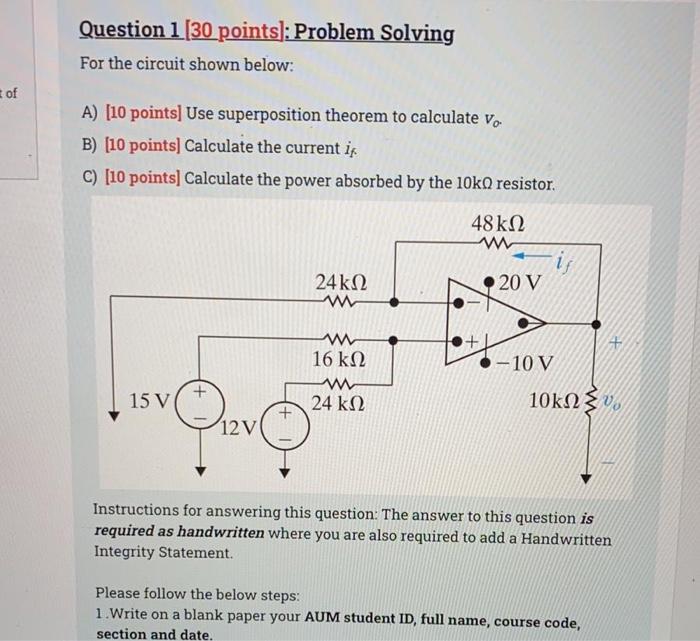 Solved Question 1 (30 points]: Problem Solving For the | Chegg.com