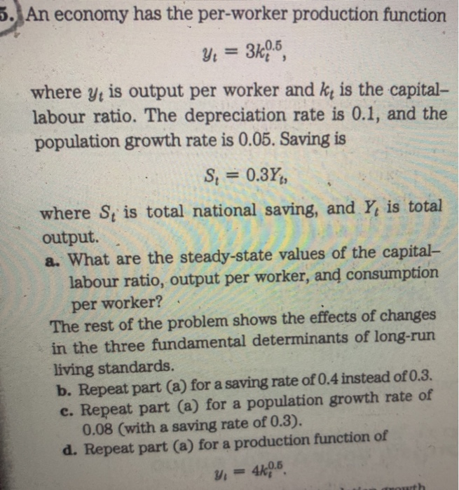 Solved 5. An economy has the per-worker production function | Chegg.com