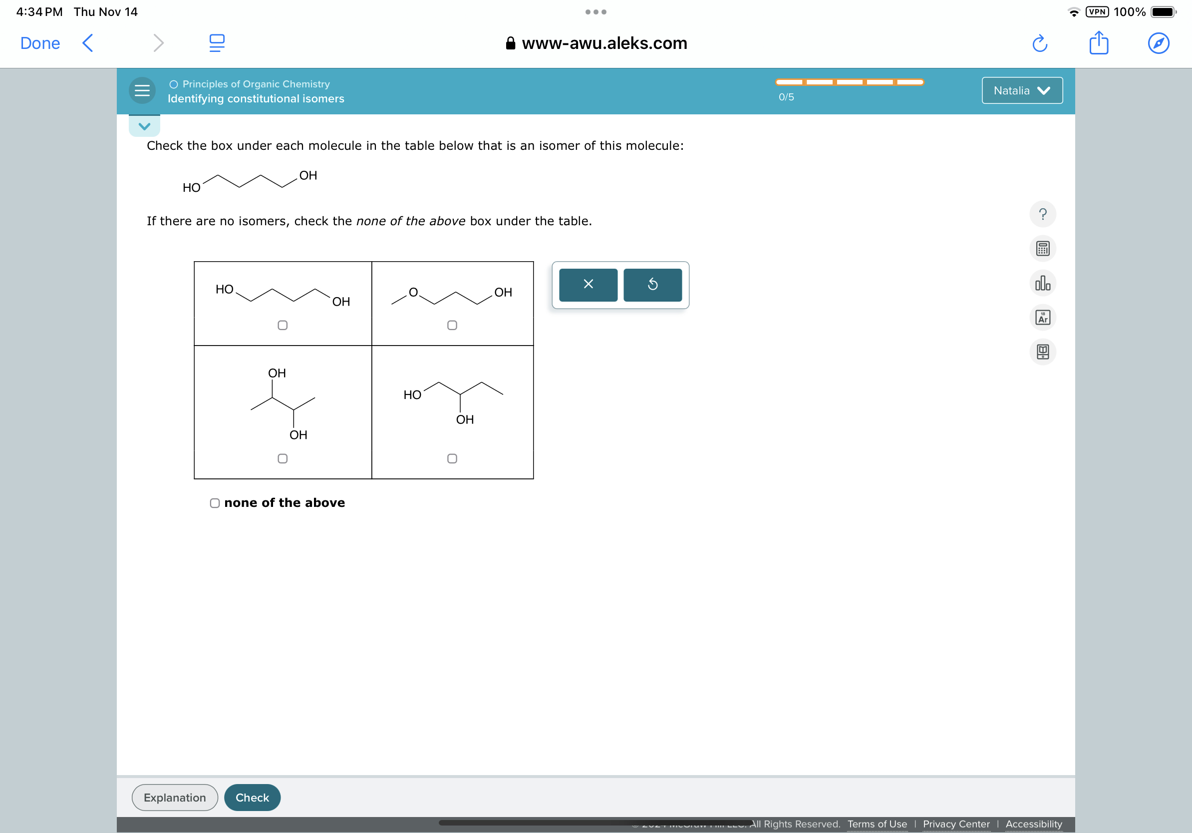 Solved 4:34 ﻿PM Thu Nov 14VPN 100%Donewww-awu.aleks.comO | Chegg.com