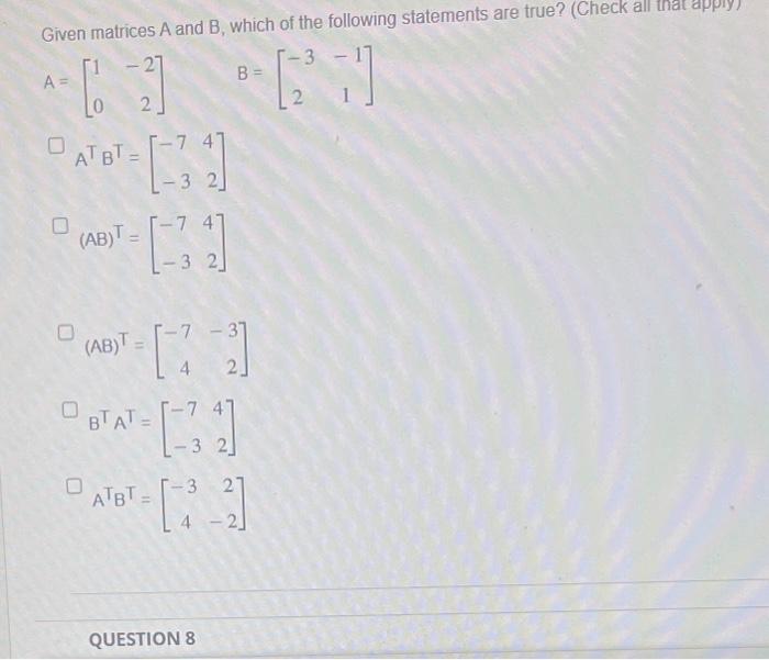 Solved Given matrices A and B, which of the following | Chegg.com