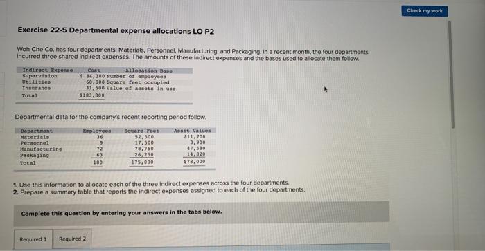 Solved Exercise 22-5 Departmental expense allocations LO P2 | Chegg.com