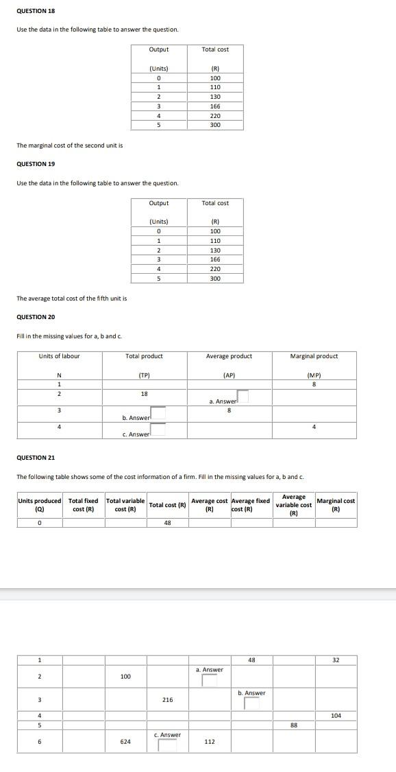 Solved QUESTION 18 Use the data in the following table to | Chegg.com
