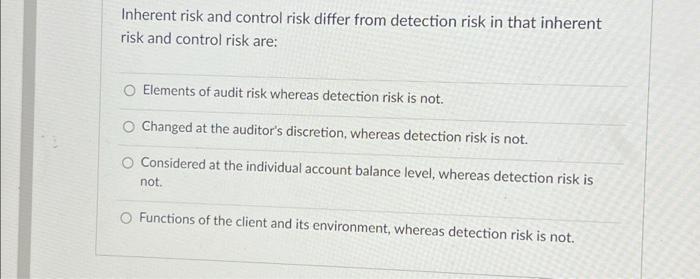 Solved Inherent risk and control risk differ from detection | Chegg.com