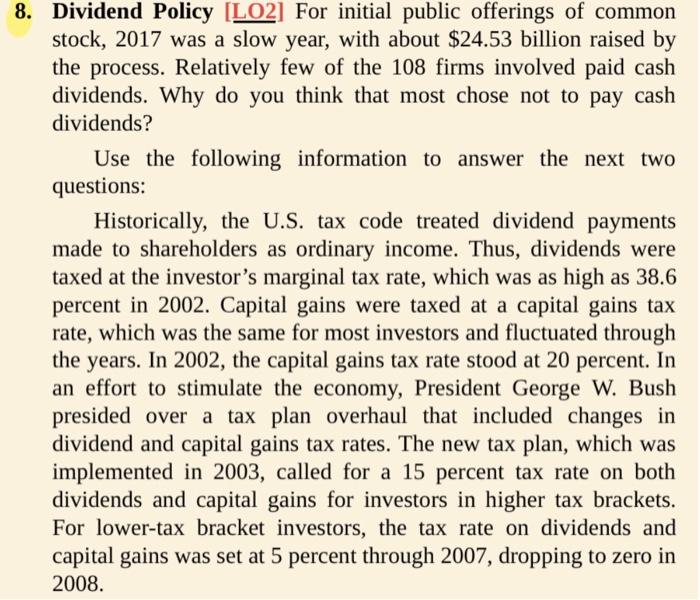 Solved 8. Dividend Policy [LO2] For initial public offerings | Chegg.com