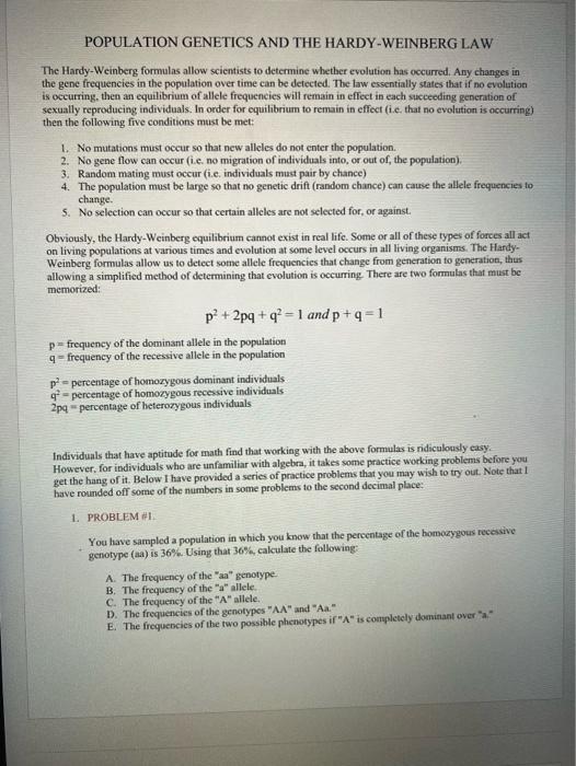 Solved POPULATION GENETICS AND THE HARDY-WEINBERG LAW The | Chegg.com