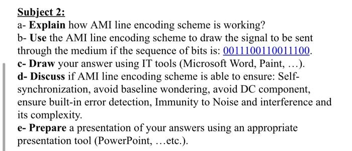 Solved Subject 2 A Explain How AMI Line Encoding Scheme Is Chegg